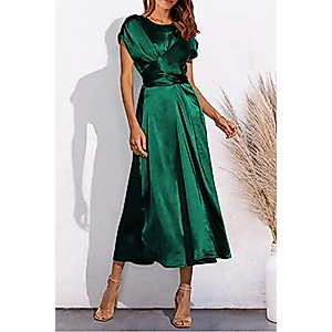 PRETTYGARDEN Women's 2023 Summer Satin Midi Dress Cap Sleeve Tie Waist Elegant A-Line Flowy Dresses (Dark Green,Large)