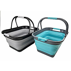 SAMMART 29L (7.6 Gallons) Set of 2 Collapsible Tub with Handle - Portable Outdoor Picnic Basket/Crater - Foldable Shopping Bag - Space Saving Storage Container (Alloy Grey + Crystal Blue)