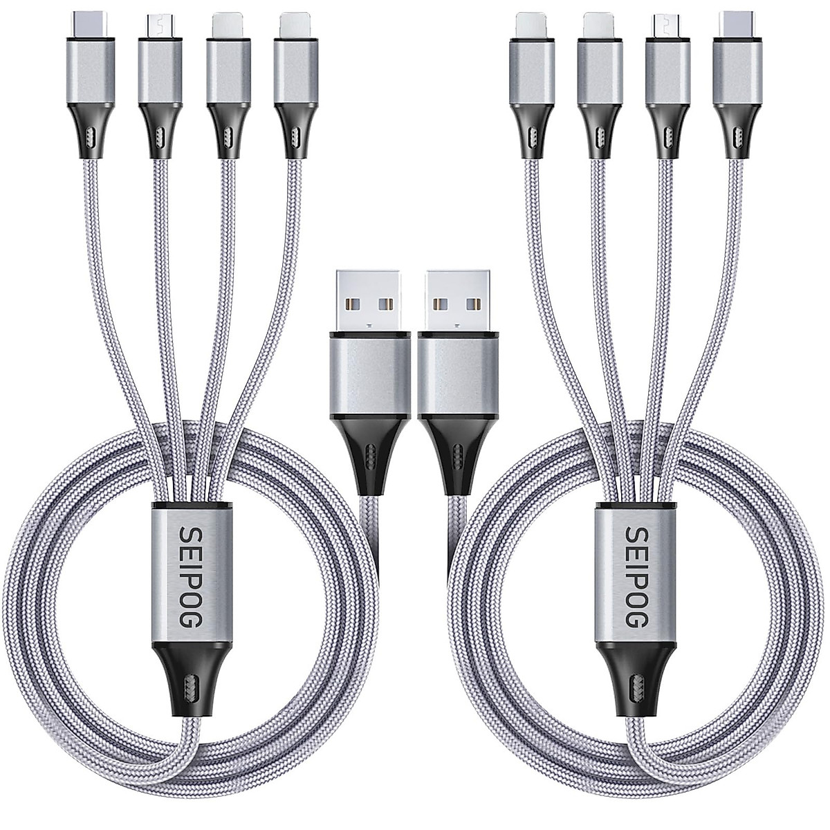 SEIPOG 4 in1 Multi Charger Cable Nylon Braided, 3A 4FT Universal Chargers for All Devices with Type-C/Micro USB Port, USB Charging Cable for All Cell Phones and More (Silver, 2Pack)