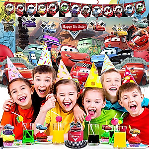 Cars Birthday Party Supplies, Lightning McQueen Birthday Party Supplies Include Banner, Foil Balloons, Backdrop, Cupcake Toppers for Lightning McQueen Cars Birthday Party Favor
