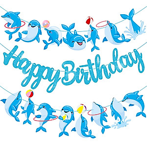 Dolphin Birthday Banner Decorations Dolphin Birthday Party Decorations Supplies Blue Glitter Dolphin Happy Birthday Banner Decorations for Under the Sea Themed Birthday Party Baby Shower Supplies