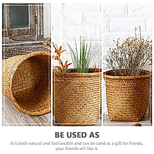 Ipetboom Office Decor Woven Rattan Trash Can Hand Woven Basket Planter Flower Pots Storage Container Farmhouse Round Trash Can Rattan Garbage Bin Wicker Laundry Basket Rustic Decor Desktop