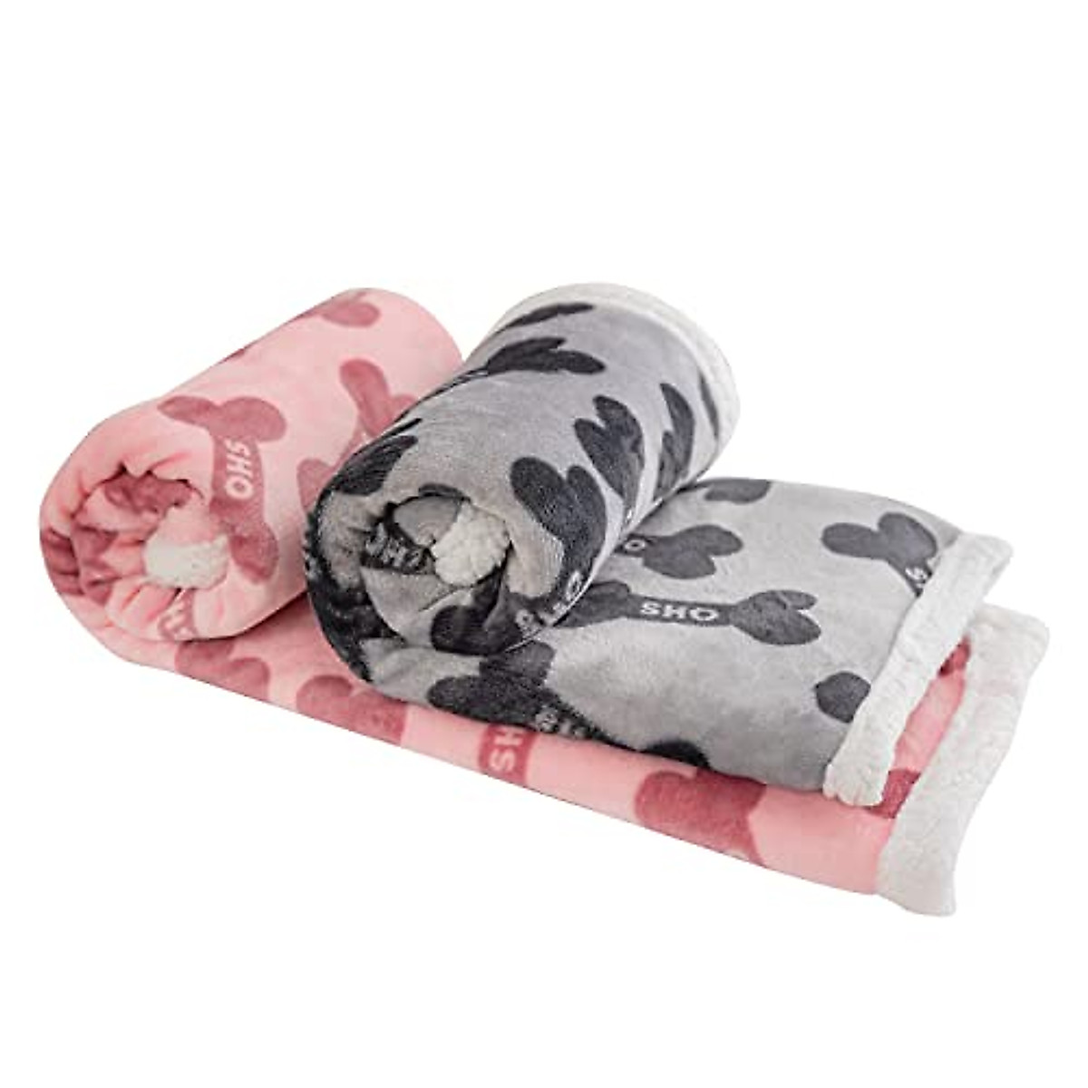 WIN WM MORE Dog Blankets 2 Pack Flannel Fleece Sherpa Puppy Throw Blankets Bulk 30x43 Inch Warm Sleeping Ultra Soft Bone Printed Plush Fluffy Paw Mat for Pet Couch Bed, Grey and Pink