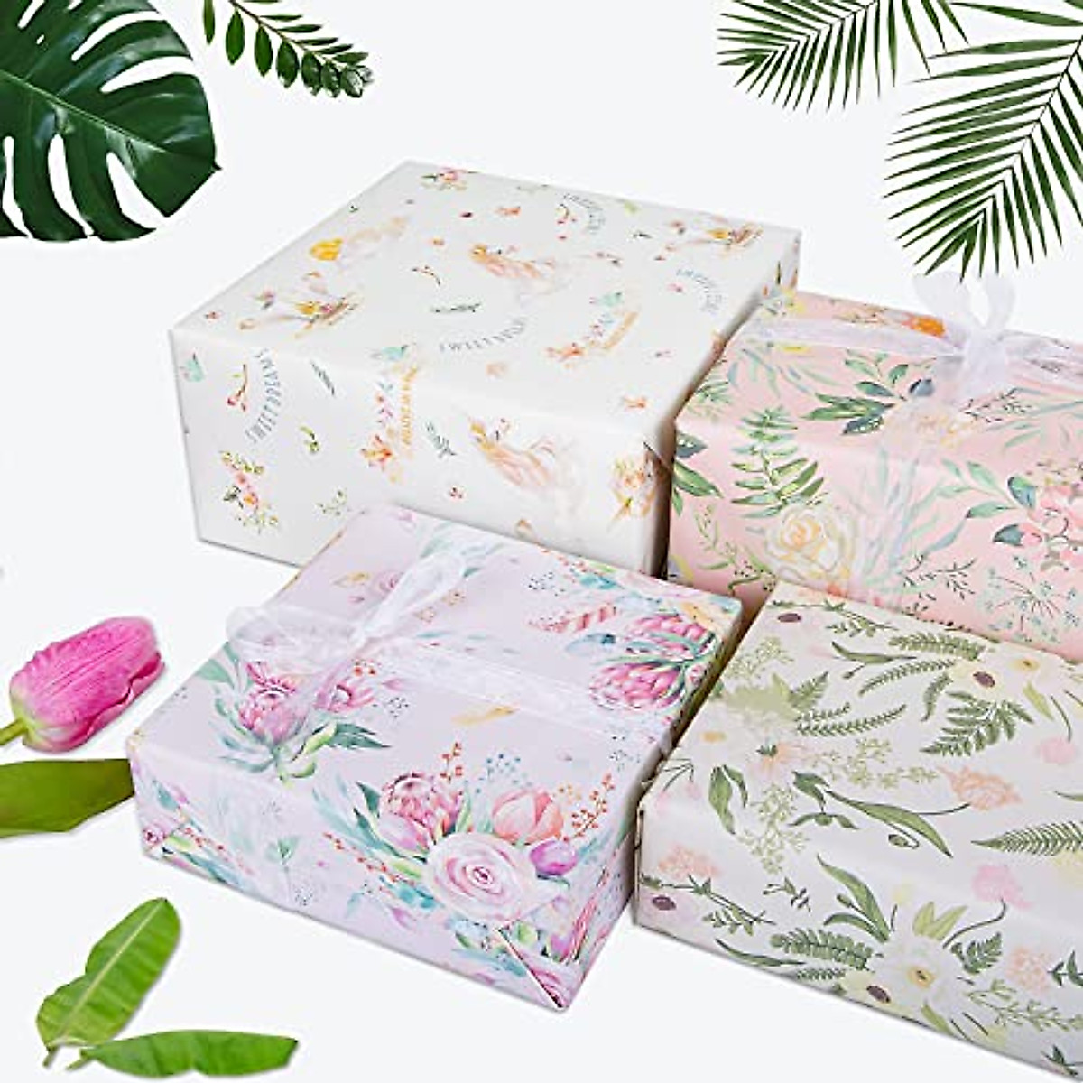 Larcenciel Gift Wrapping Paper, Birthday Wrapping Paper for Girls - Pretty Unicorn Floral Design, Gift wraps Perfect for Birthday, Mothers Day, Wedding, Baby Shower, Any Occasion, 4 Sheets 27.5x19.6in
