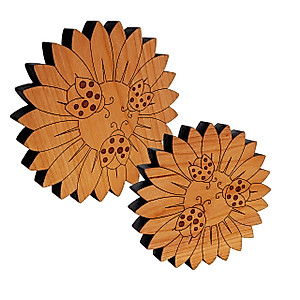 Ladybugs on a Sunflower Trivet - Hand Crafted in The USA From Solid Cherry Hardwood (6" Diameter Ladybug Trivet)