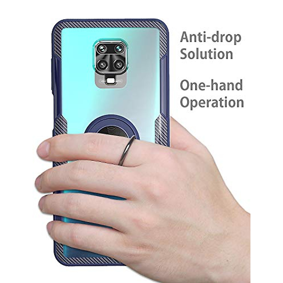 QSEEL for Xiaomi (Redmi Note 9S /Redmi Note 9 Pro/Redmi Note 9 Pro Max) Clear Ring Armor Case, Shockproof Cover Defender Combined with Soft TPU Rim, Crystal Acrylic Panel and Built-in Holder (Blue)