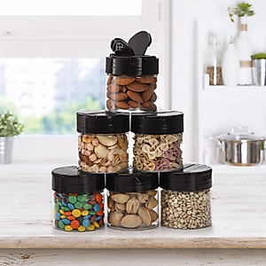 Foraineam 30 Pack Clear Plastic Jars 4 oz Mini Seasoning Bottles Spice Jars with Black Flip Cap to Pour Or Shaker, Round Food Safe Storage Containers with Lids for Spice Powders Cosmetics Crafts