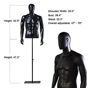 Male Mannequin Torso Manikin Dress Form 47-78 Inch Height Adjustable Detachable Arms Sewing Dress Model Mannequin, Mannequin Display with Metal Base Stand Head Dress Mannequin Clothing Form (Black)