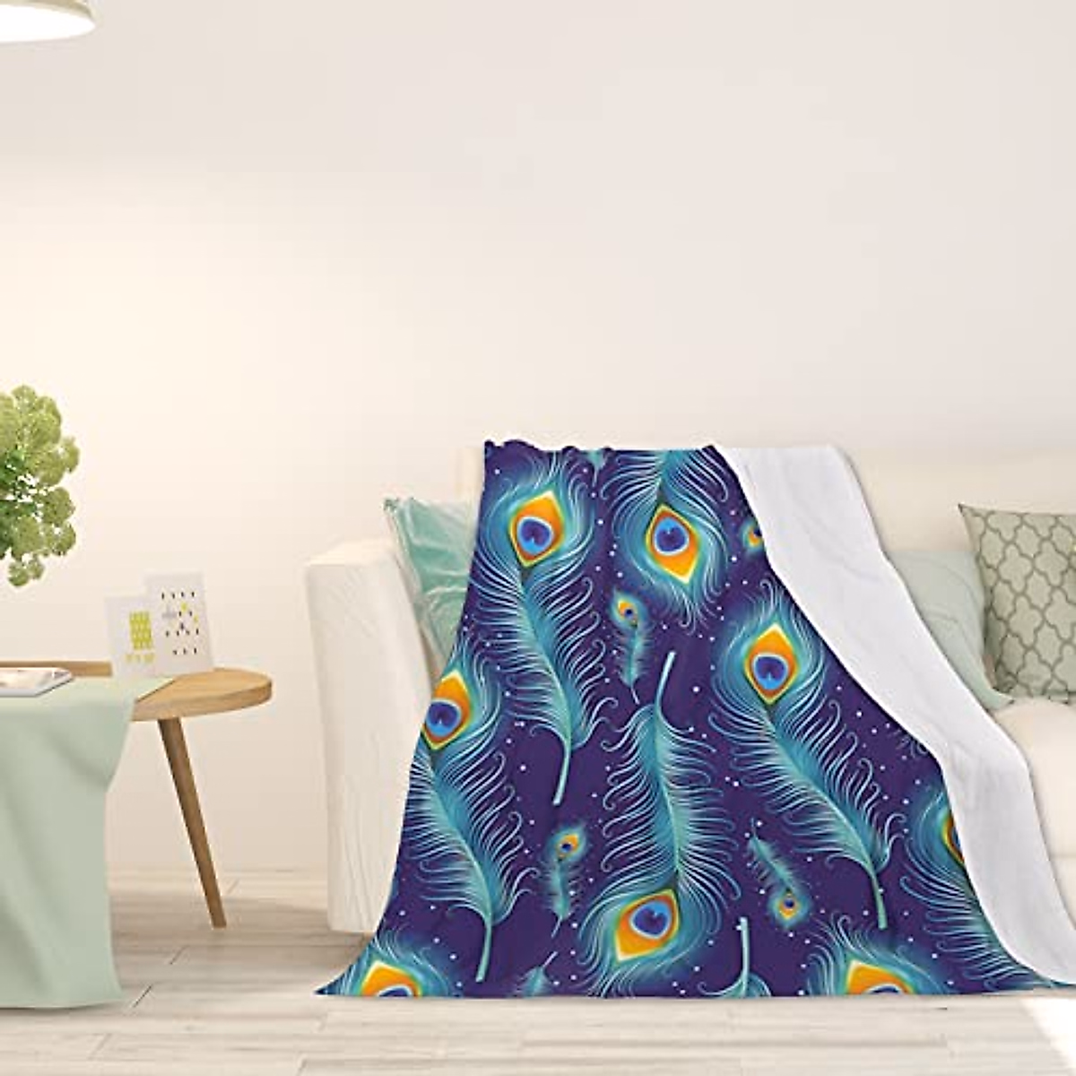 Gyapuk Feathers Pattern,Weighted Blanket for Adult,Peacock Bird Feathers,Flannel Cozy Plush Bed Blanket,Fuzzy Blanket Full Size,Soft Blanket for Sofa Bed,Navy Blue Orange,30x40in