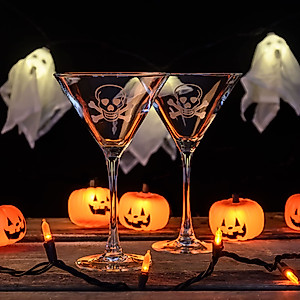 Rolf Glass Skull and Cross Bone Martini Glass - Set of 2 Stemmed 10 ounce Martini Glasses - Lead-Free Glass - Etched Cocktail Glasses - Made in the USA