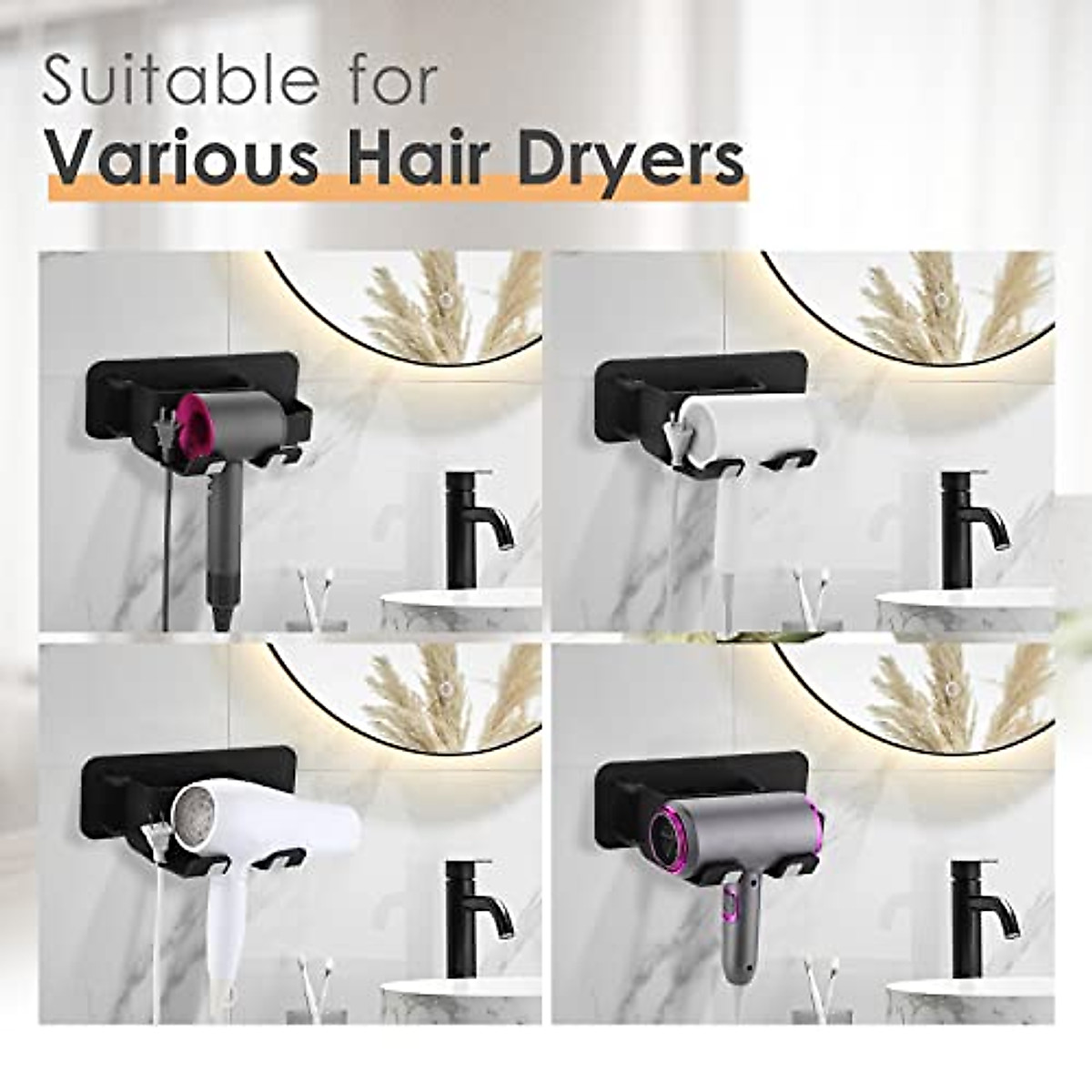 Hair Dryer Holder Wall Mounted - Bathroom Hair Tools Organizer with Hooks and Cup for Blow Dryer and Hair Straighteners - Bath Supplies Tray Stand Makeup Toiletries Storage Bracket for Space Saving