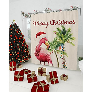 Merry Christmas Shower Curtain for Bathroom 72" x 78" Tropical Flamingo Palm Tree Shower Curtain with Hooks Polyester Waterproof Home Bathtub Decor