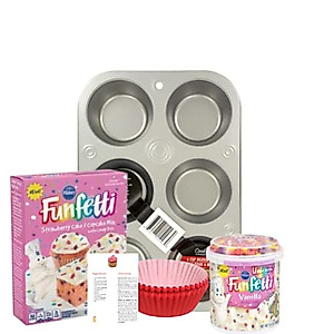 Unicorn Cupcake mix with frosting and cupcake baking pan accompanied by 50 baking cups and an RCM branded recipe card.