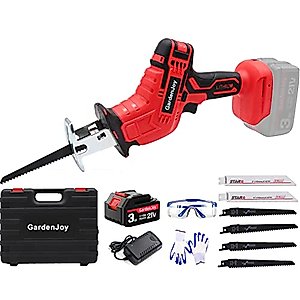 GardenJoy Cordless Power Reciprocating Saw: 21V Electric Compact Saw with 3.0Ah Battery and Charger, 6 Saw Blades, Variable Speed, Battery Powered Saw with Tool Box for Woods/Metal/Plastic Cutting
