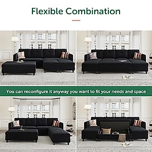 HONBAY Sleeper Sectional Sofa Set Velvet U Shaped Couch with Storage Ottoman 4-Seat Sectional Sofa Set for Living Room, Black