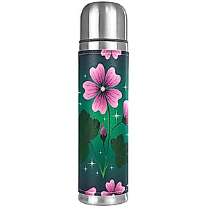 Pink Flower Green Leaves Stainless Steel Water Bottle Leak-Proof, Double Walled Vacuum Insulated Flask Thermos Cup Travel Mug 17 OZ