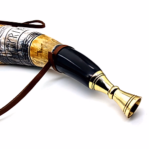 Viking War Horn Genuine Ox-Horn Battle Trumpet - Premium Hand Engraved Horn Viking Norse Cattle Ancient Horn Bugle Hunting Tool BATTLE HORN BLOWING HORN VIKING BUGLE HORN & Brass With Wooden Stand 16"