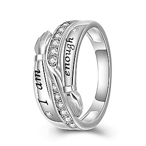 Sterling Silver i Am Enough Hug Ring Matching Engagement Promise for Women Best Friend Crystal Cubic Zirconia Cute Dainty Fidget For Anxiety Love Size 10 Rings