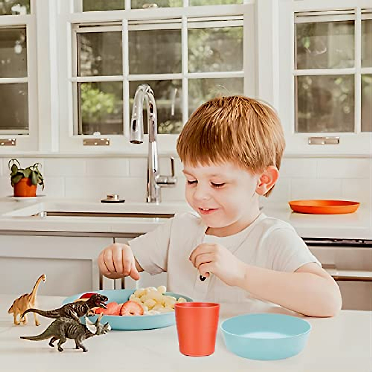 Kids Plates Bowls and Cups Sets Wheat Straw Small Bowl Sets Unbreakable Microwave Dishwasher Safe Dinnerware Sets for Rice,Soup ,Pasta，Corn Flake ，Snacks，Side Dishes[Set of 18]