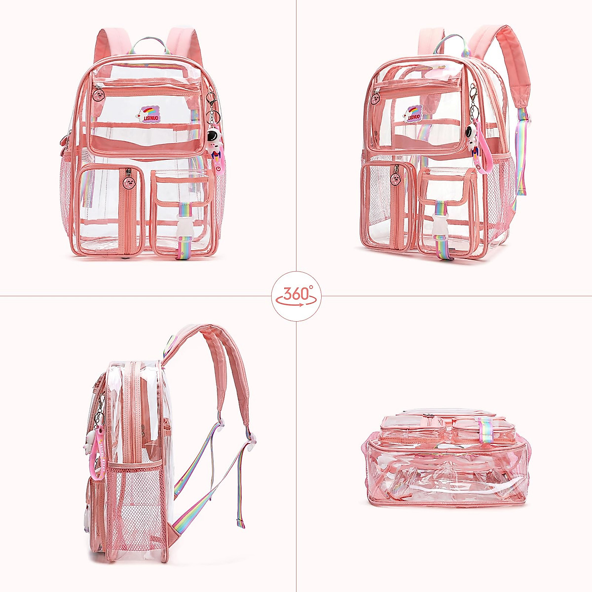 LISINUO Clear Backpack Girl Transparene Backpacks See Through Book Bag for Women Heavy Duty Pvc Mesh Bag Cute Girls Bookbags (Pink)
