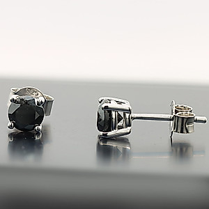 Shineadime Round Shape Black Diamond Solitaire Stud Earrings with Push Backs in 14K White Gold Over 925 Sterling Silver for Womens (1 Cttw)