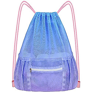 Mesh Drawstring Backpack, Large Sports Gym Bag for Women Kids with Pocket and Zipper Sackpack for Beach Yoga Football Soccer (Blue)