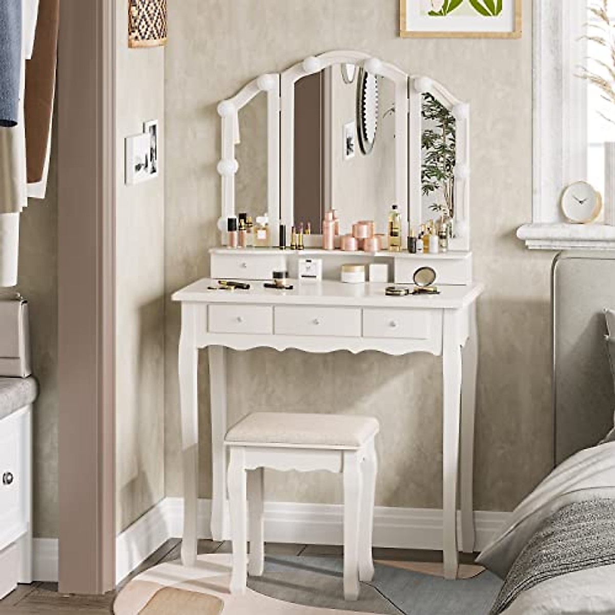 Tiptiper Makeup Vanity with Lights, Vanity Desk with Lighted Mirror and Stool, Vanity Set with 5 Drawers, 3 Light Settings & Adjustable Brightness, White