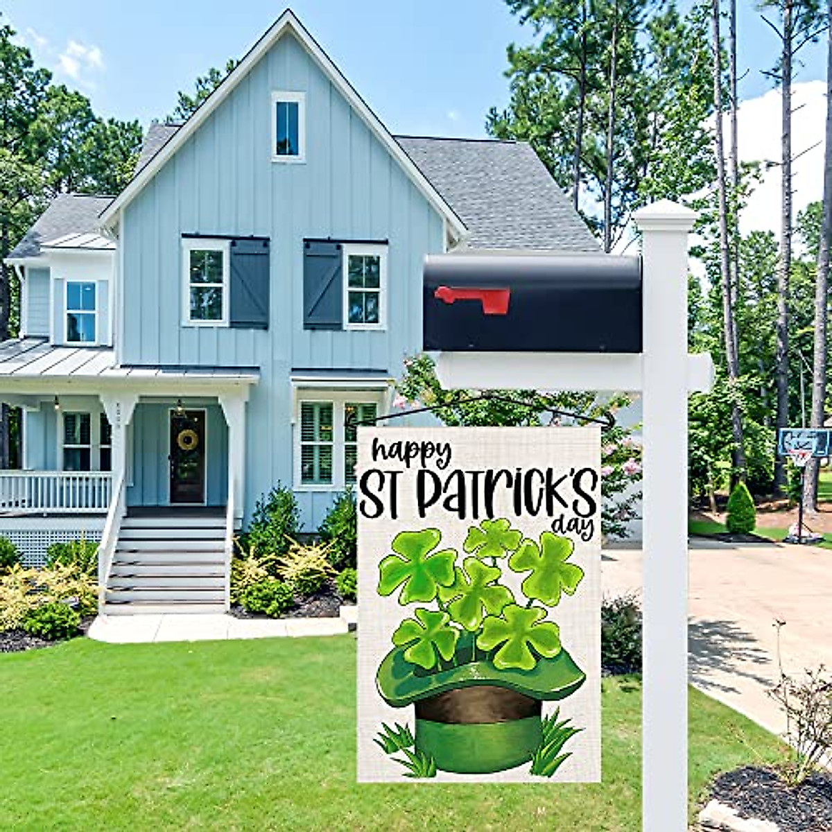 Happy St Patricks Day Burlap Garden Flags 12x18 Inch Double Sided, Green Lucky Shamrock Sign Small Farmhouse Yard Outdoor Decor DF192
