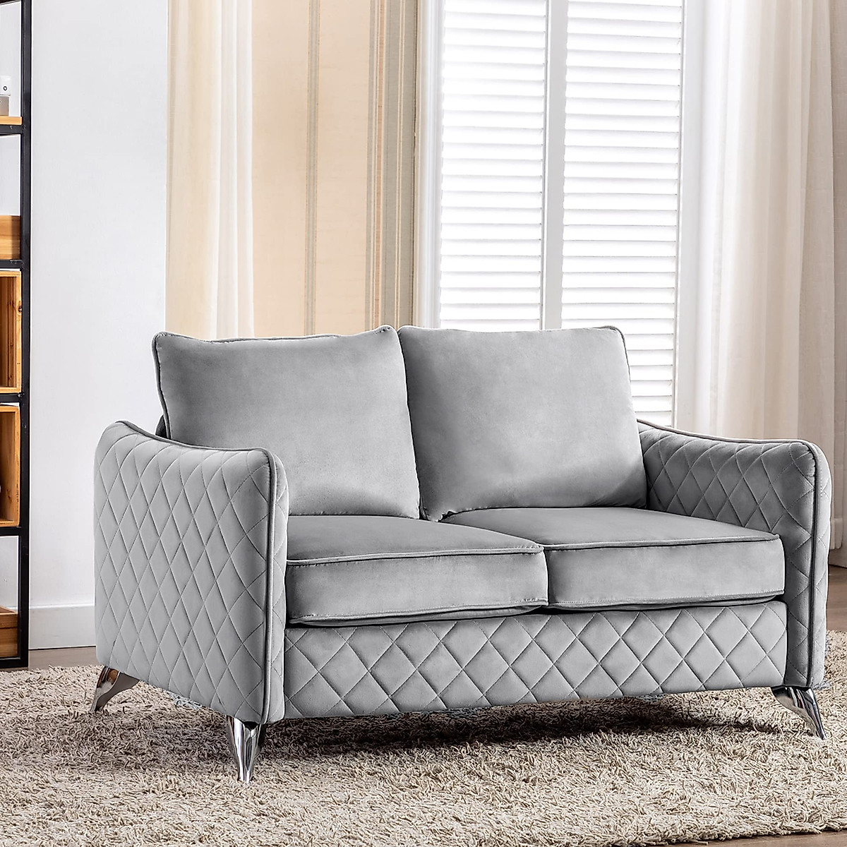 Artechworks Velvet Loveseat Sofa Couch Mid Century Modern, Tufted Upholstery, Reception Love Seats,2-Seat Chair Couch,Office,Home,Bedroom,Livingroom, Apartment, Silver Tone Metal Legs, Grey