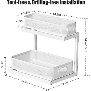 2-Pack Under Sink Storage Organizer with 2-Tier Slide Out Drawer, Sophisticated Mesh Pull Out Shelf for Kitchen & Bathroom, Fits Small Items, Upgraded Arched Track for Smooth Gliding,Patent Pending