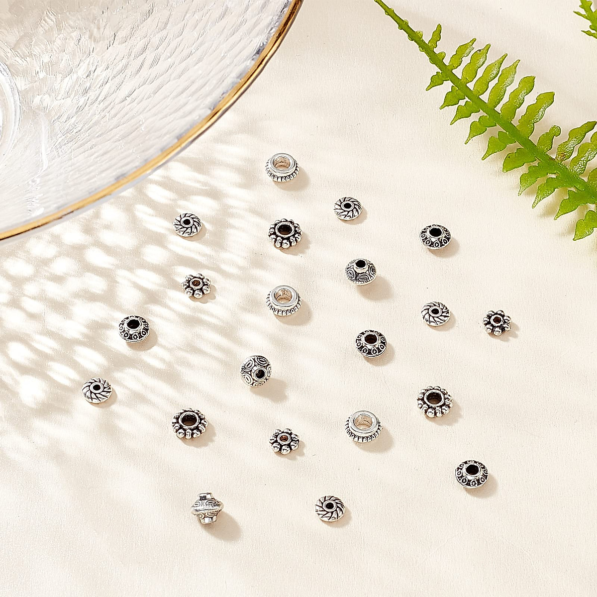 PH PandaHall 300pcs 6 Style Antique Silver Spacer Beads, Tibetan Metal Alloy Jewelry Beads Tube Spacers Flower Flat Rondelle Small Loose Beads for Bracelet Necklace Earring Jewelry Making Supplies