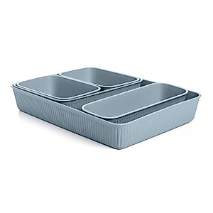 Superio Ribbed Collection - Decorative Plastic Desk Drawer Organizer Tray, Blue (Set of 5) Open Home Storage Bins Organizer Baskets, for Organizing Closet Shelves Drawer Shelf