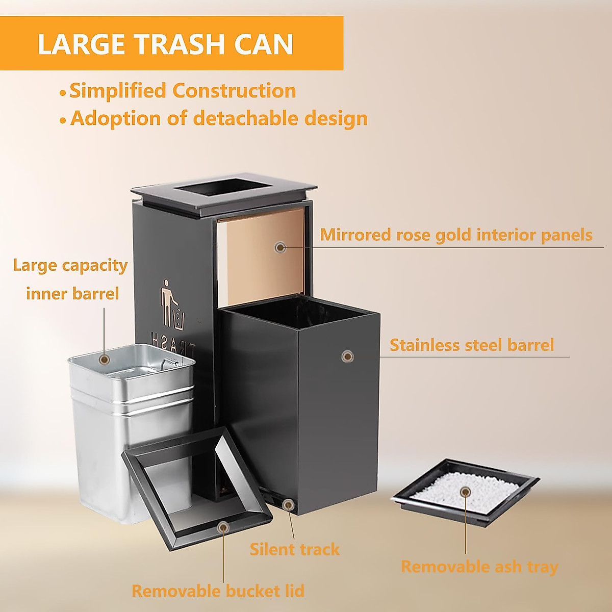 Lvrunben Indoor Outdoor Trash Can, Black-Gold Stainless Steel Commercial Trash Can with Lid,Removable Inner Bucket Trash Bin for Home, Office and Elevator Entrance-13 Gallon