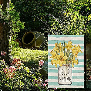 CROWNED BEAUTY Hello Spring Garden Flag Floral Mason Jar Stripes 12×18 Inch Double Sided Outside Vertical Holiday Yard Flag