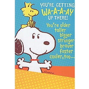Heartline Snoopy, Woodstock Birthday Card - You're Getting WA-A-A-AY Up There! One Year Better - That's So You