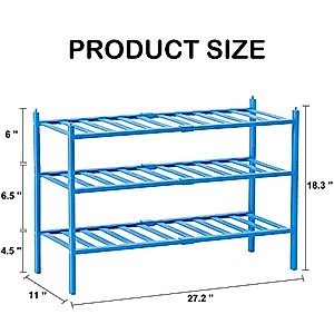 Quiqear Bamboo Shoe Rack, 3 Tier Shoe Rack Organizer, Stackable & Durable Shoe Shelf Holder, Free Standing Shoe Racks, Shoe Storage Organizer for Entryway, Closet, Hallway, 27.2*11*18.3inch (Blue)