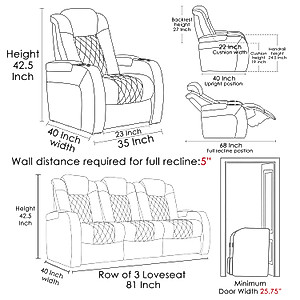 Weilianda Home Theater Seating Top Grain Leather Recliner Chair Dual Power Electric Headrest Movie Gaming Sofa with Tray Table Type-C USB Charge Cup Holders (Row of 3 Loveseat, Black)