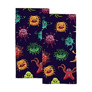 Hand Towels Face Towels Set of 2 Colorful Monsters or Microbes Soft Comfortable Polyester Microfiber Fast Water Absorbent Towels for Bathroom Kitchen 30X15 Inch