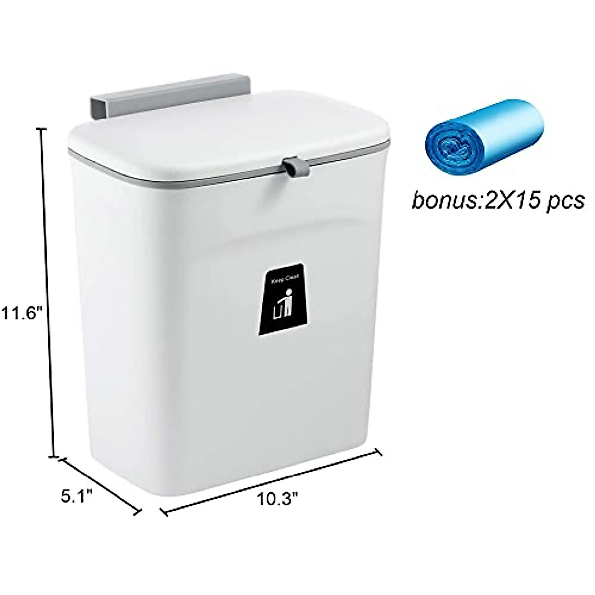 Lunies 2.4 Gal Compost Bin/Hanging Small Trash Can with Lid for Kitchen Cabinet Door/Counter Top/Under Sink/Bedroom/Bathroom/Cupboard White