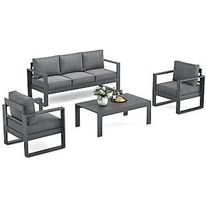 Vakollia Outdoor Aluminum Furniture Set - 4 Pieces Modern Patio Conversation Sets Metal Sectional Sofa with Coffee Table