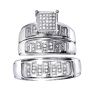 Jewel Zone US White Natural Diamond Wedding & Engagement Trio Bridal Ring Set in 10k Solid White Gold (0.2 Carat)