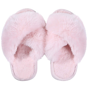 Girl's Soft Plush Lightweight House Slippers Non Slip Cross Band Slip on Open Toe Cozy Indoor Outdoor Slippers PK33 Pink