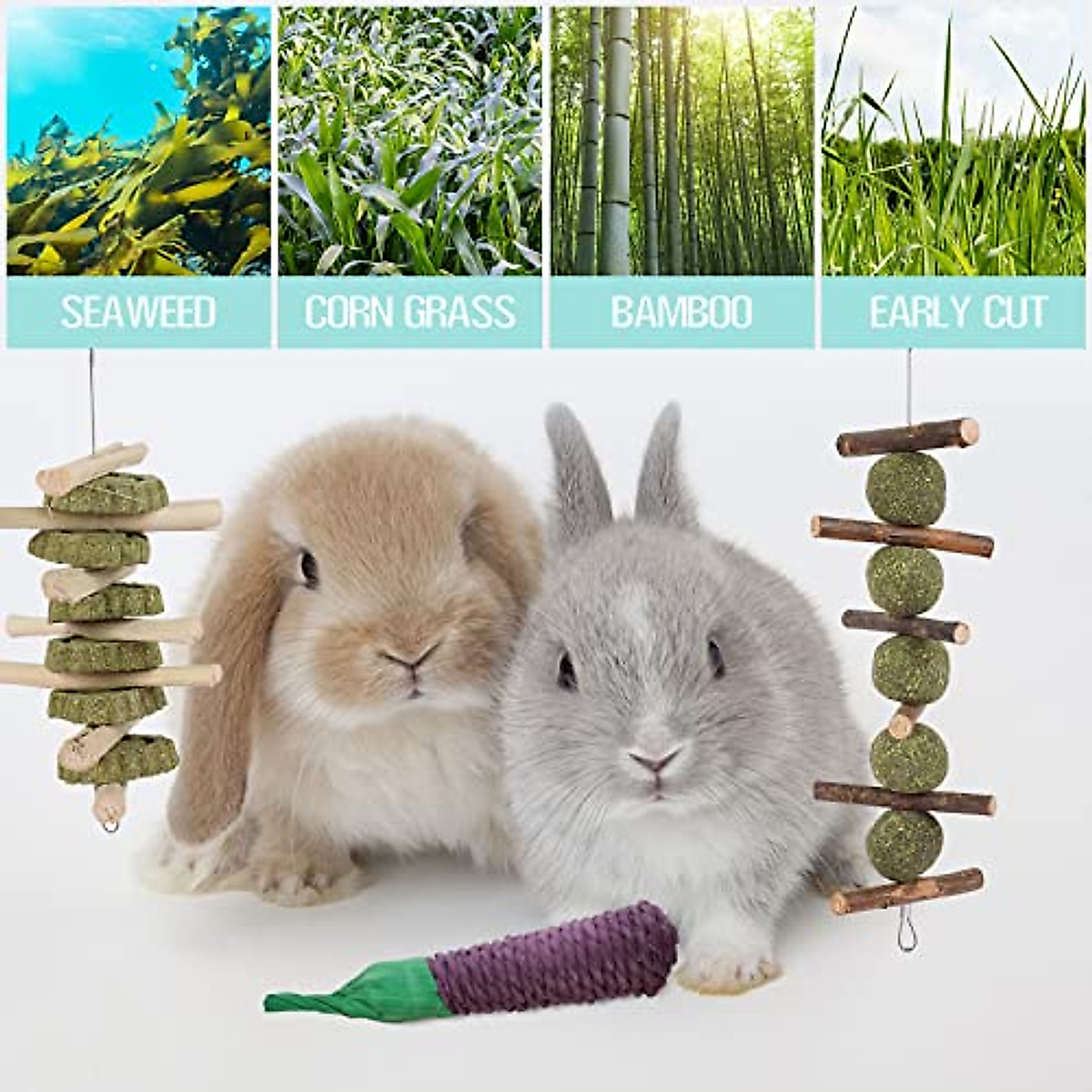 Cathpetic Perfect Rabbit Chew Toys - Guinea Pig Toys Natural Timothy Hay Chinchilla Toys, 100% Hand Made Rabbit Treats Apple and Wood Sweet Bamboo, Small Animal Chew Treat for Rodents Teeth Care
