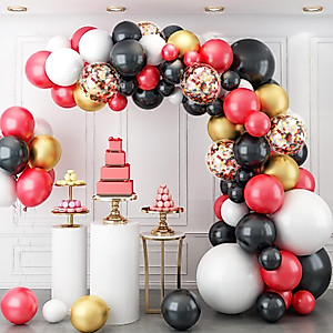 100 Pcs Red Gold Confetti Balloons Kit,12 Inch Metallic Black White Gold Party Balloons with Ribbons for Graduation Birthday Wedding Party Halloween Decorations (Red Gold)