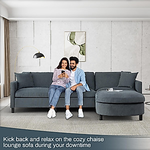 Nolohoo L Shaped Sectional Couch with Movable Ottoman, Modern Comfy Chenille 3-Seat Sofa with Reversible Chaise 2 Pillows, Upholstered Deep Seat Sofa for Living Room Apartment, Gray