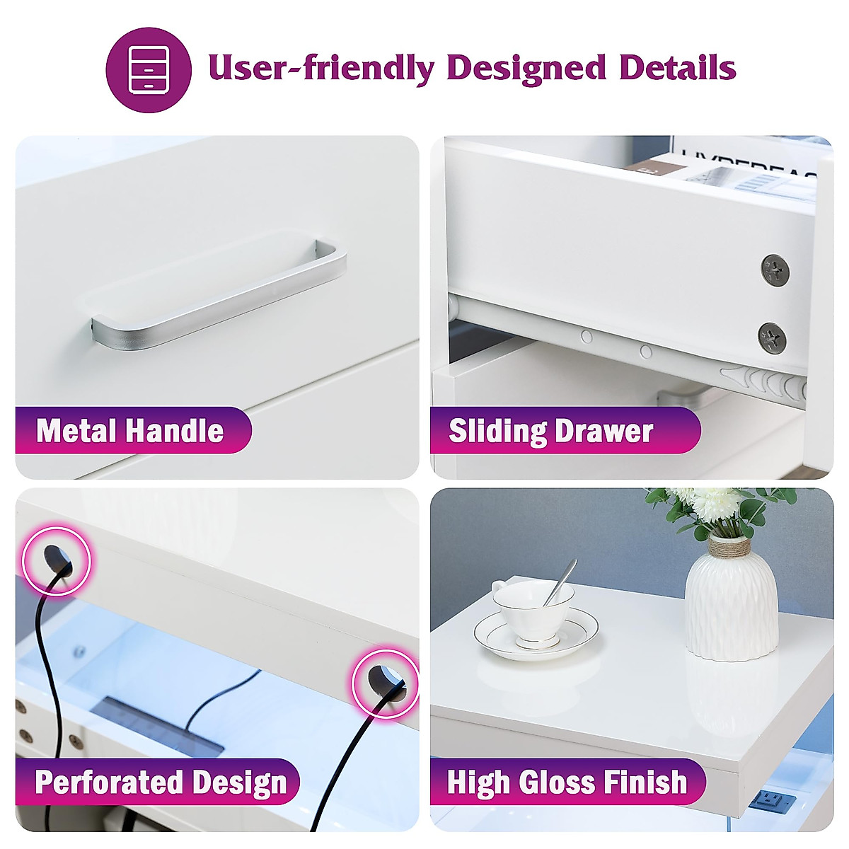 DMIDYLL High Glossy LED Nightstand, White Night Stand with Charging Station and LED Lights, Wood Night Stand with Drawers & Open Shelf, Smart Nightstand for Bedroom