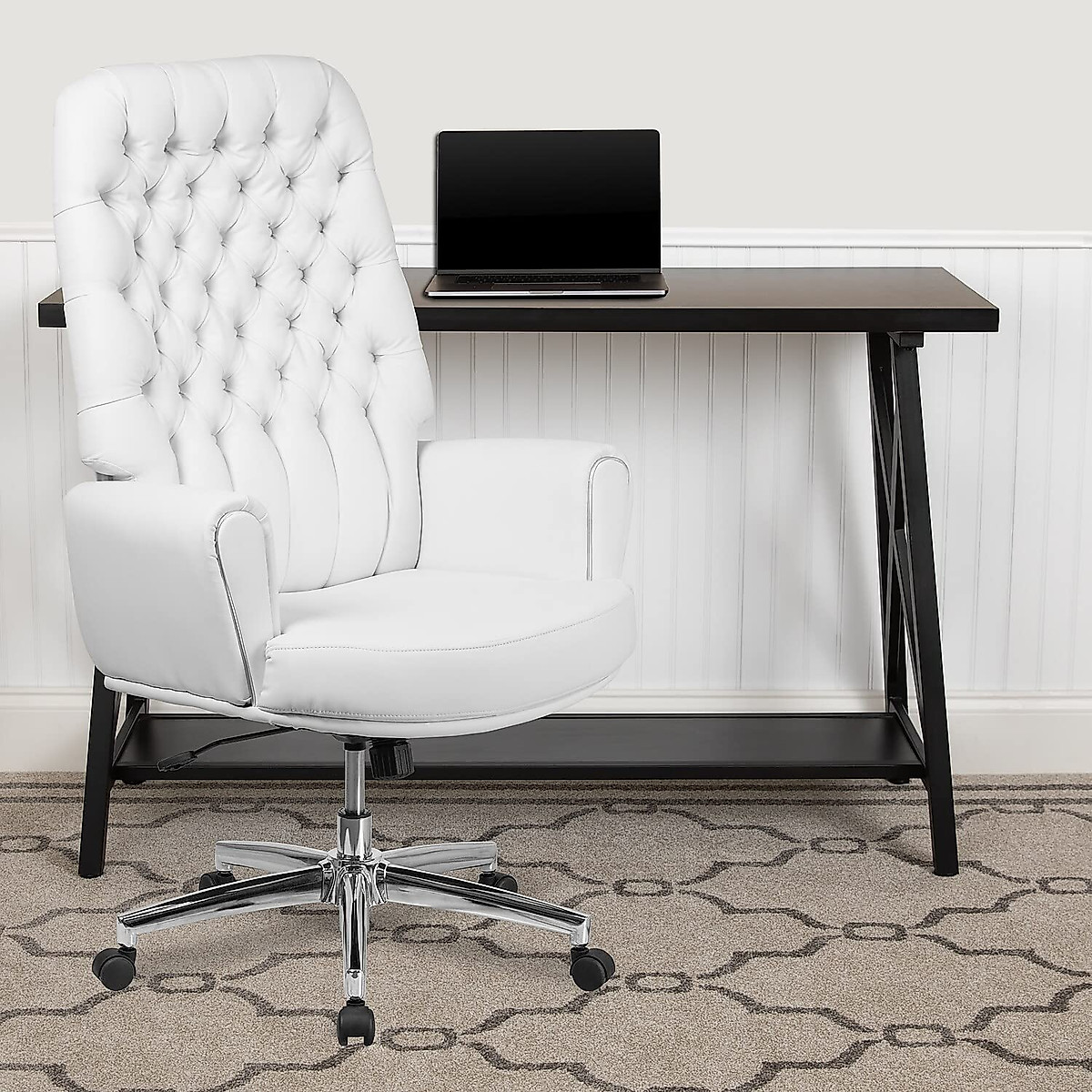 Flash Furniture Rochelle High Back Traditional Tufted White LeatherSoft Executive Swivel Office Chair with Arms