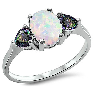 Oxford Diamond Co Lab Created White Opal & Rainbow Cz .925 Sterling Silver Ring SIZE 9