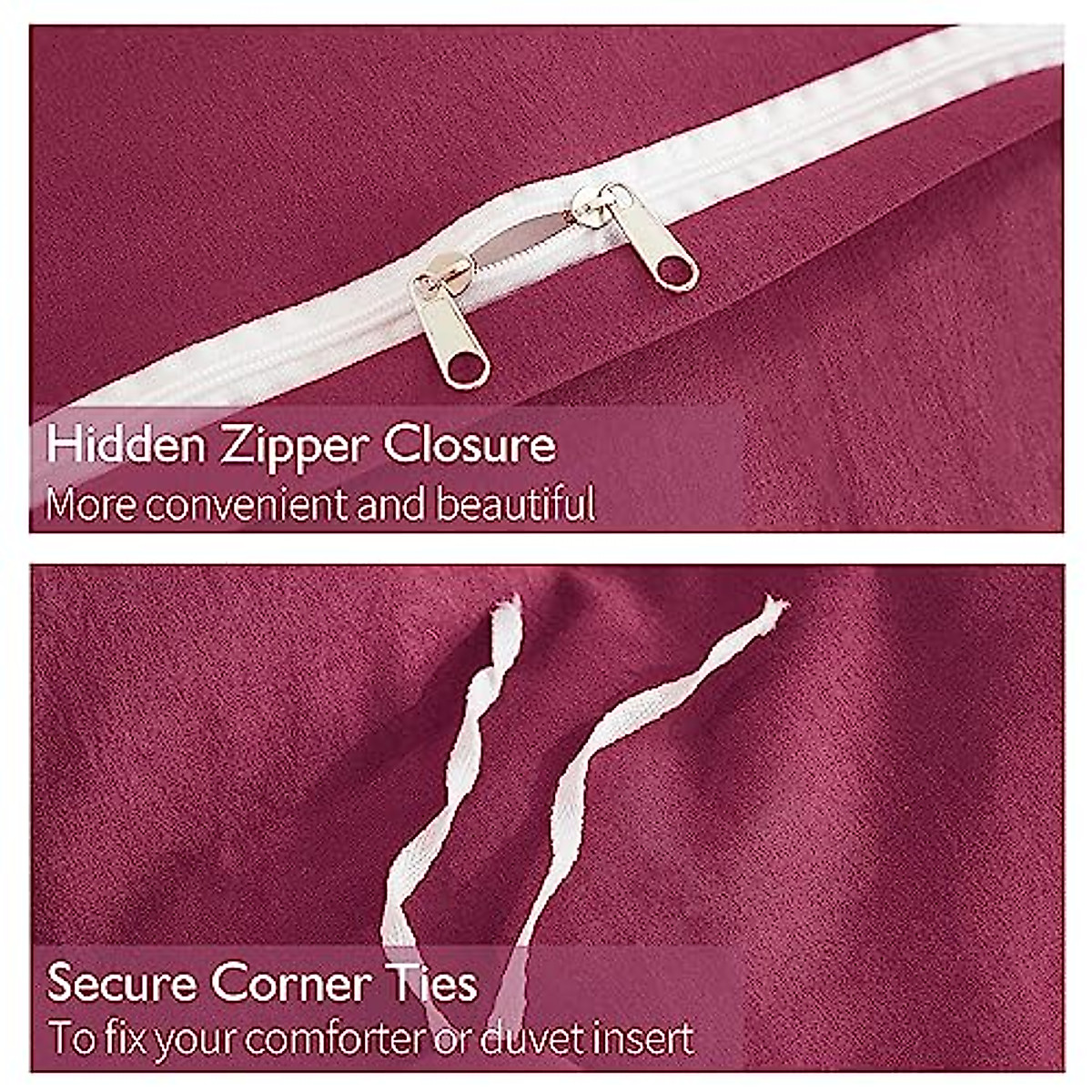 Andency Pom Pom Fringe Duvet Cover Queen Size (90x90 Inch), 3 Pieces (1 Solid Burgundy Red Duvet Cover, 2 Pillowcases) Soft Washed Microfiber Duvet Cover Set with Zipper Closure, Corner Ties