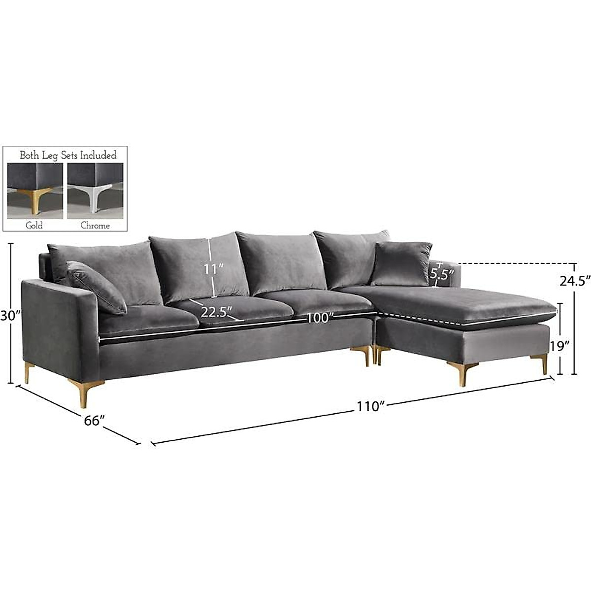 Meridian Furniture Naomi Collection Modern | Contemporary Velvet Upholstered REVERSIBLE Sectional with Rich Gold or Chrome Legs, Grey